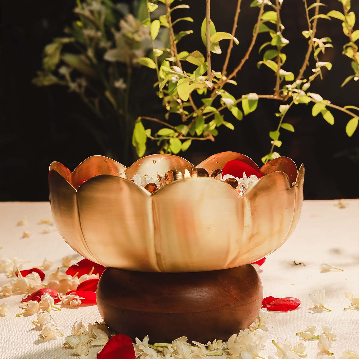 Flower Brass Urli WIth Wood – The Decor Remedy